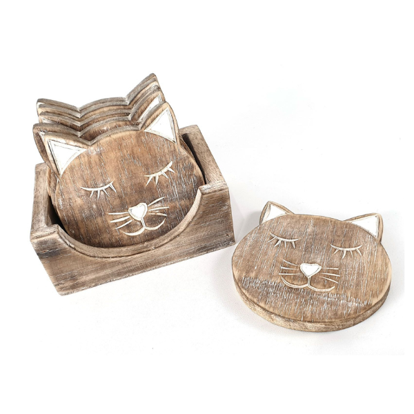 The Happy Cat Shop | Houten katten onderzetters 6 stuks “Kattenkop”